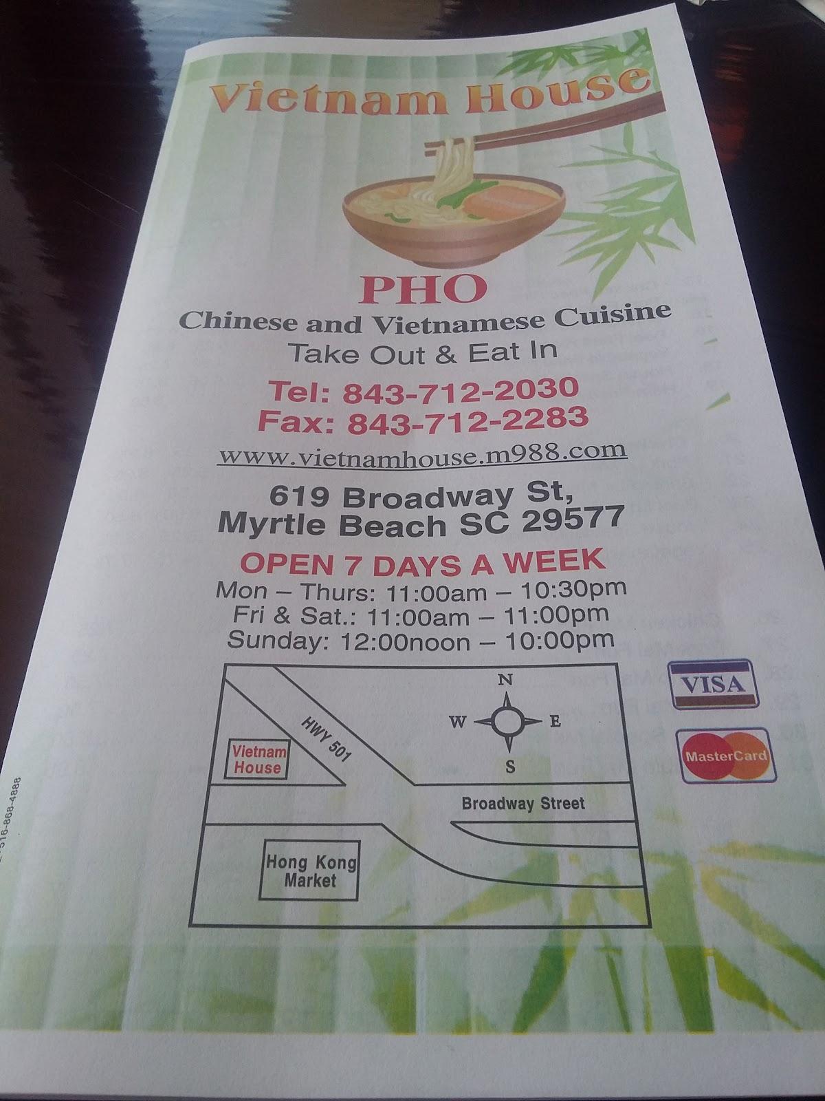 Menu at Vietnam House restaurant, Myrtle Beach