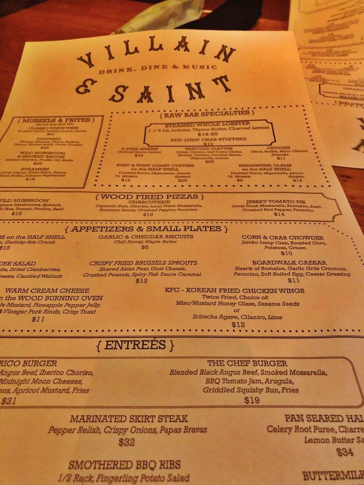 Menu at Villain & Saint restaurant, Atlantic City, 500 Boardwalk