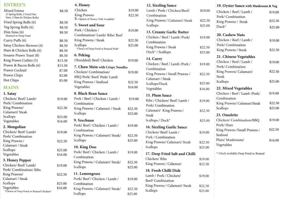 Menu at Emerald Chinese Restaurant, Woonona, 366 Princes Hwy
