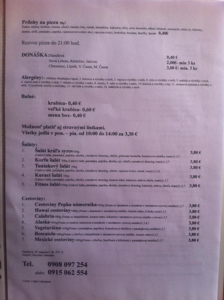 Menu at MaL Pizza Handlová restaurant, Handlová