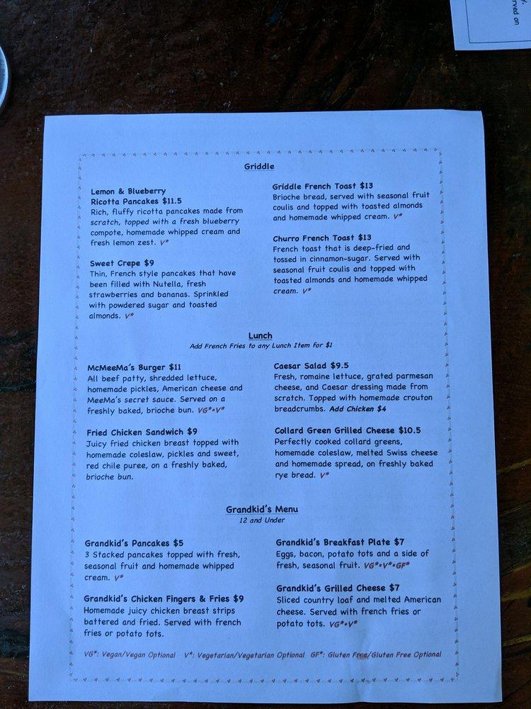 Menu at MeeMa's pub & bar, Long Beach