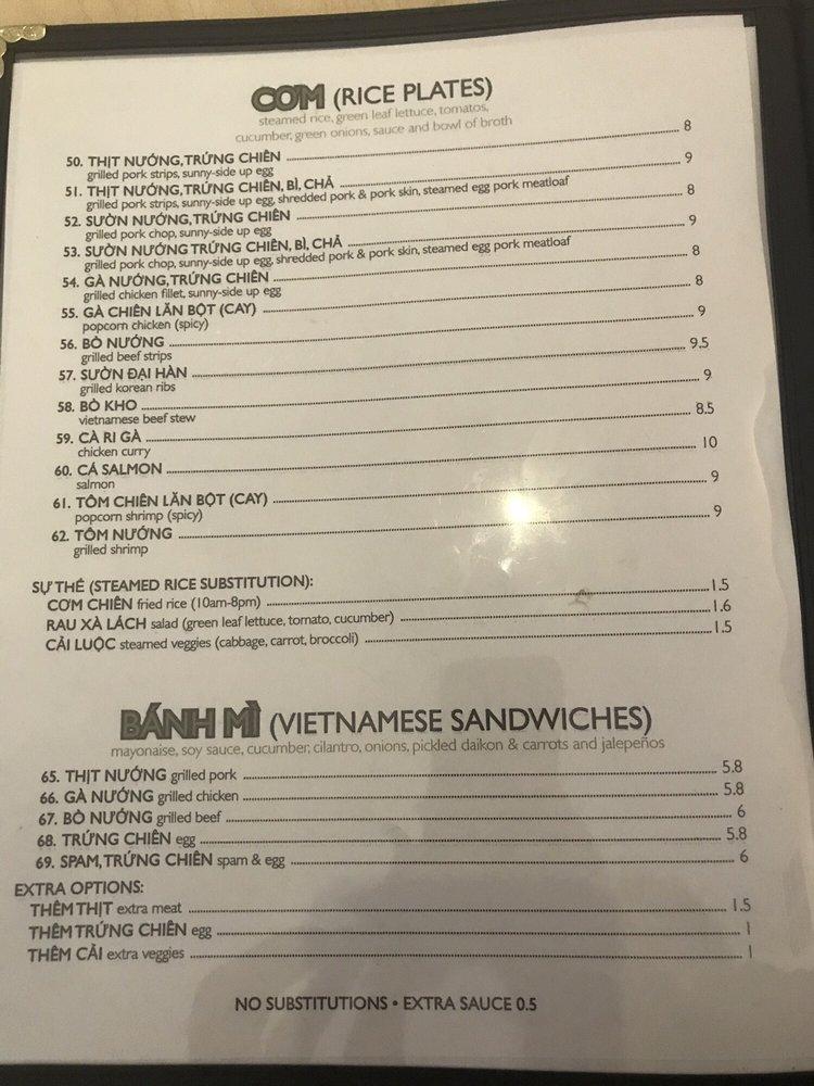 Menu at Pho Fusion restaurant, San Diego, Clairemont Mesa Blvd