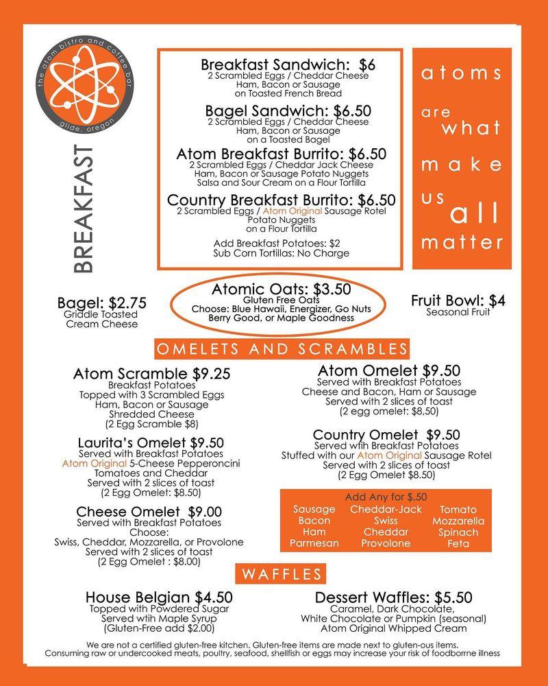 Carta de The Atom Bistro and Coffee Bar, Glide