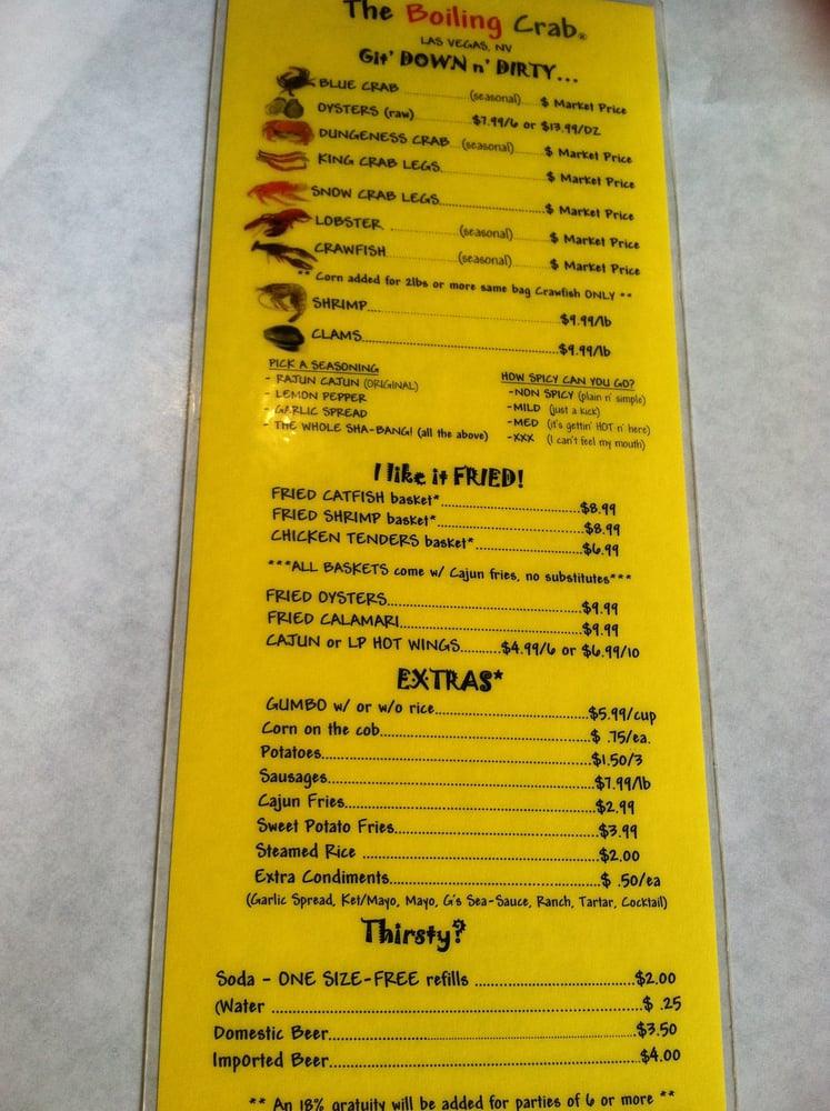 Menu at The Boiling Crab restaurant, Las Vegas, S Decatur Blvd