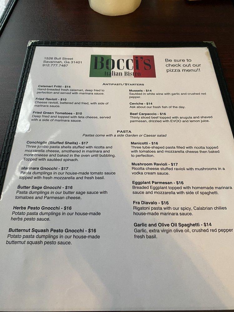 Menu at Bocci's Italian Bistro pizzeria, Savannah