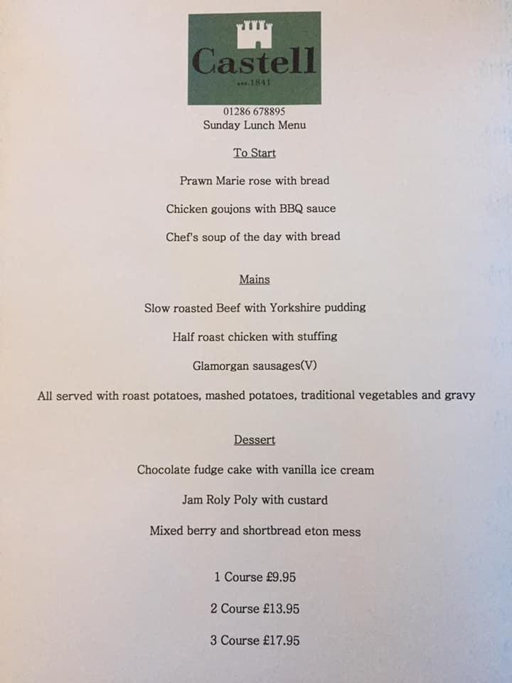 Menu at Castell pub & bar, Caernarfon