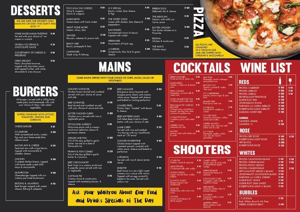 Menu at G's Bistro & Bar, Hazyview