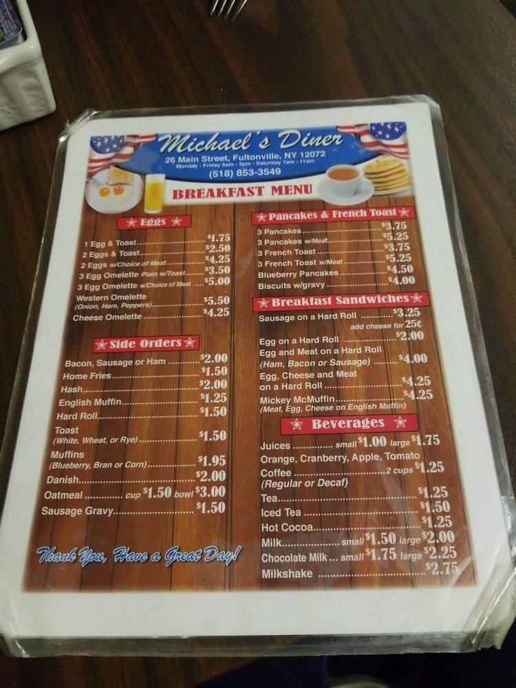 Menu at Michael's Diner restaurant, Fultonville