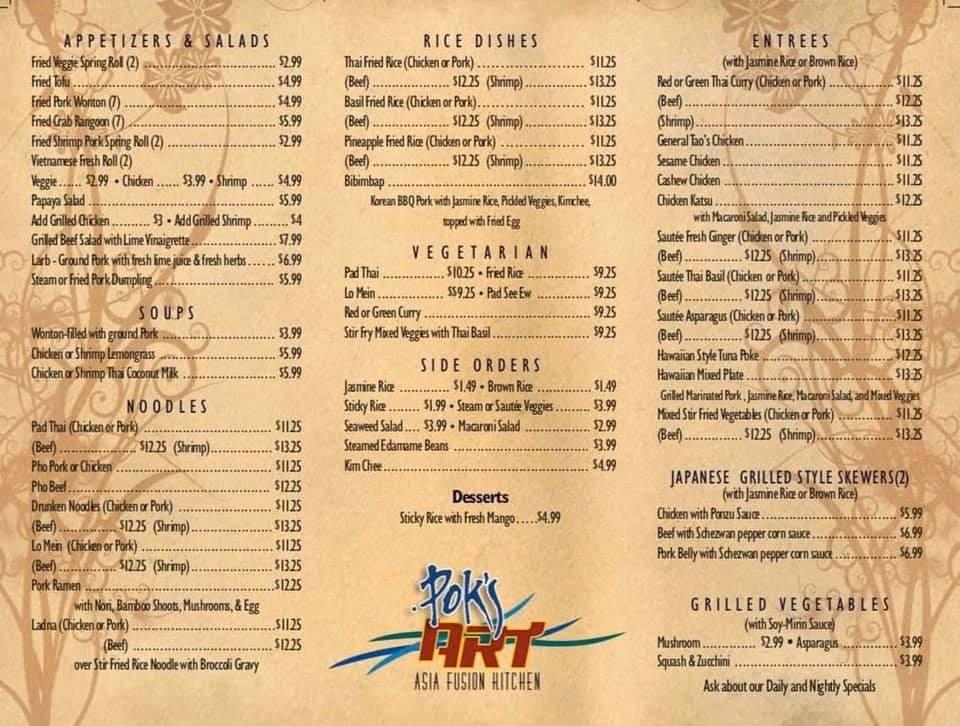Menu at Pok's Art Asian Fusion restaurant, Kitty Hawk
