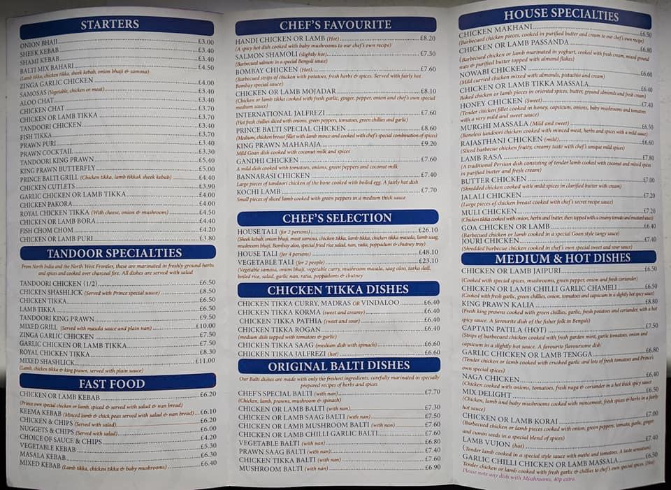 Menu at Prince Balti restaurant, Bridgend