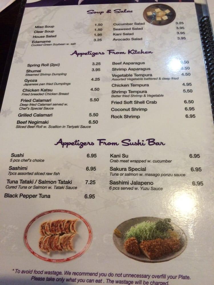 Menu at Sakura restaurant, Moyock