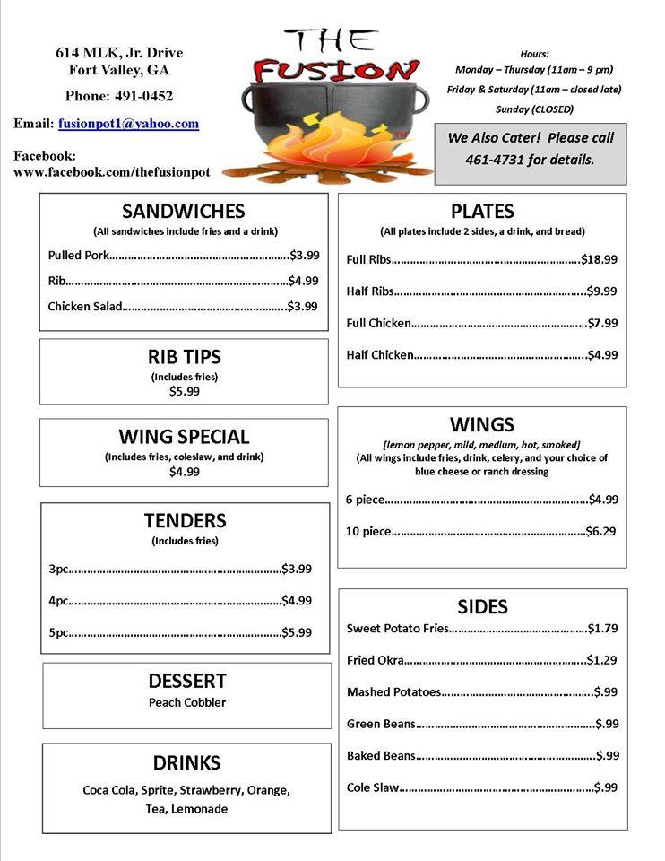 Menu at The Fusion Pot restaurant, USA