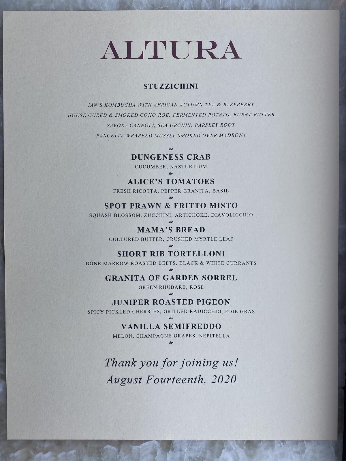 Menu at Altura restaurant, Seattle