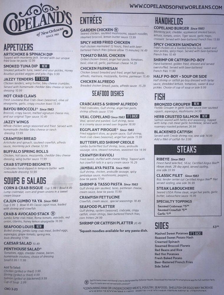 Menu at Copeland's of New Orleans restaurant, Kenner, W Esplanade Ave