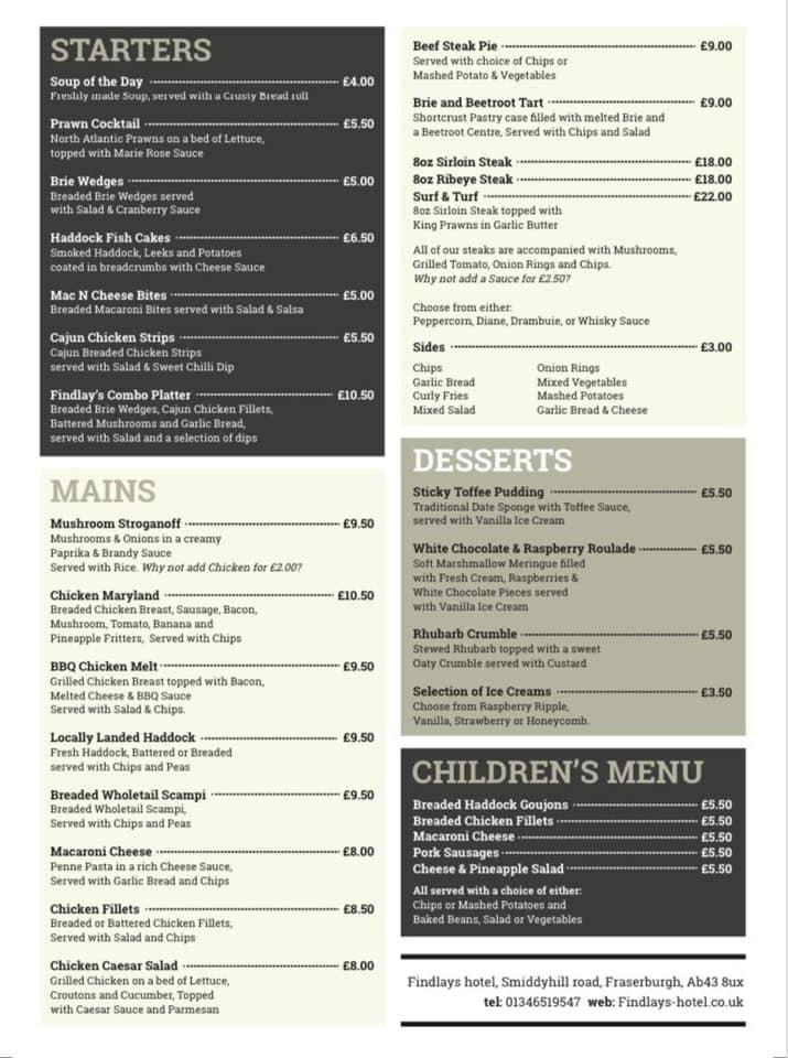 Menu at Findlay's Hotel & Restaurant, Fraserburgh