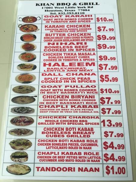 Menu at Khan BBQ & Grill, Houston, W Little York Rd