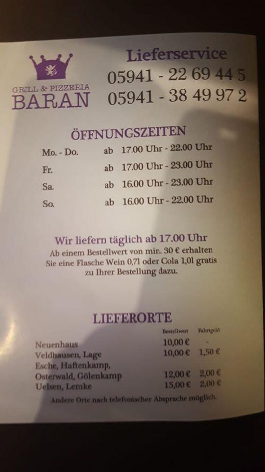 Speisekarte von Pizzeria Baran, Neuenhaus, Hauptstr.56