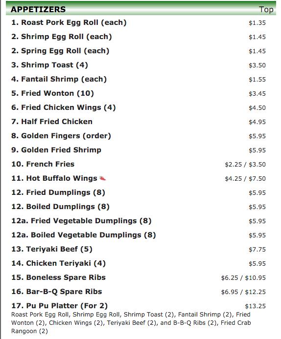 Menu at Sun Hing Restaurant, Waterbury