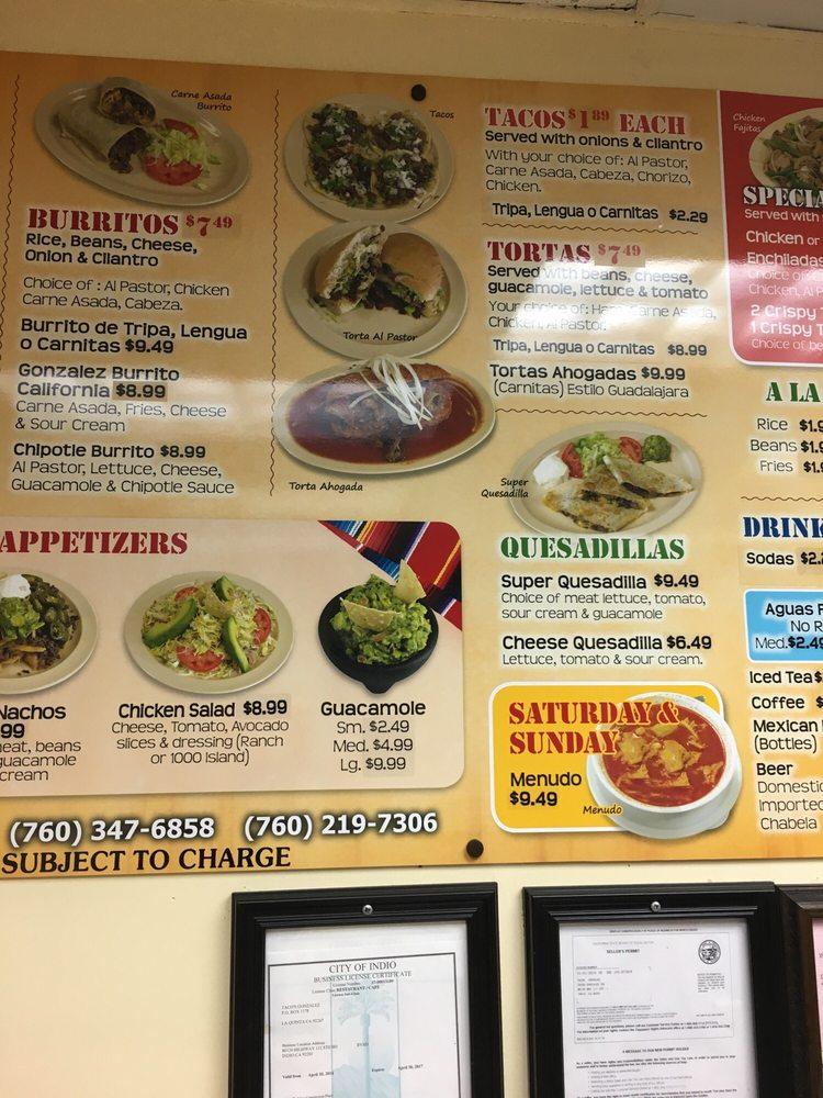 Menu at Tacos Gonzalez restaurant, Indio