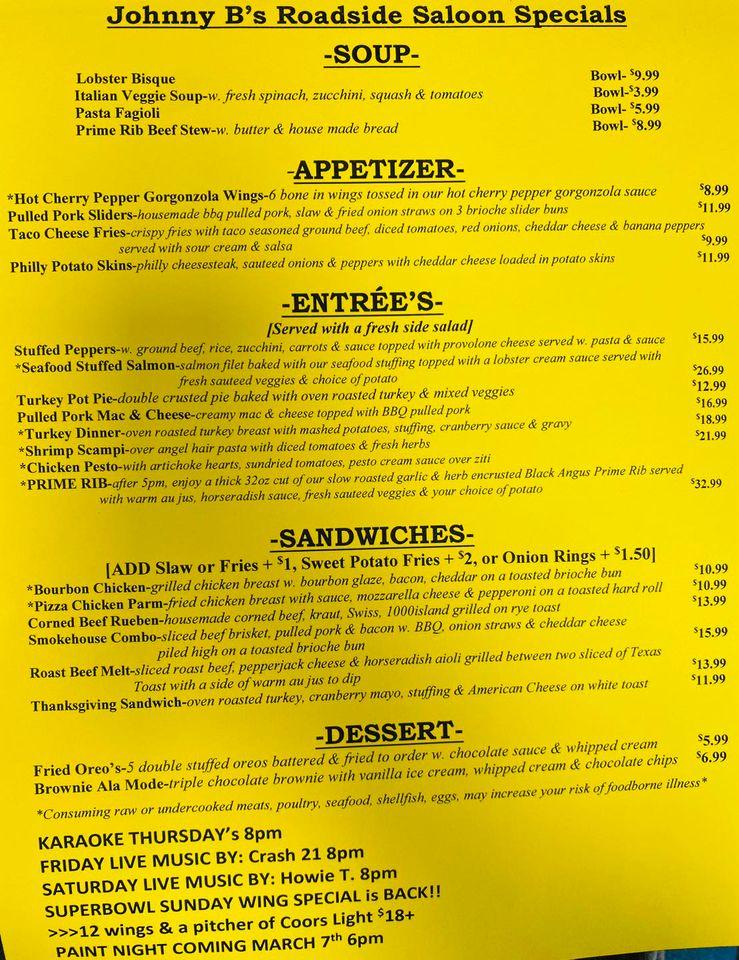 Menu at Johnny B's Roadside Saloon pub & bar, Wolcott