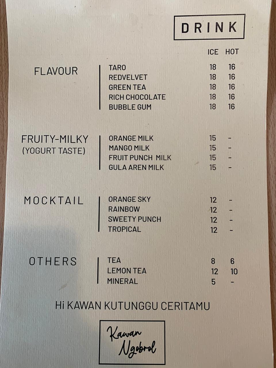 Menu at Kawan Ngobrol Food & Beverage cafe, Batam