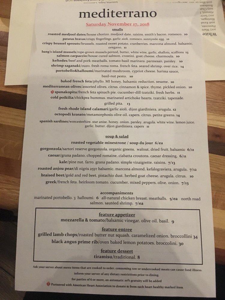Menu at Mediterrano restaurant, Ann Arbor, S State St