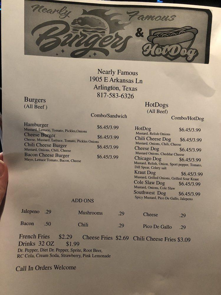 Menu at Nearly Famous fast food, Arlington