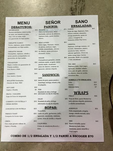 Menu at Señor Sano cafeteria, Monterrey