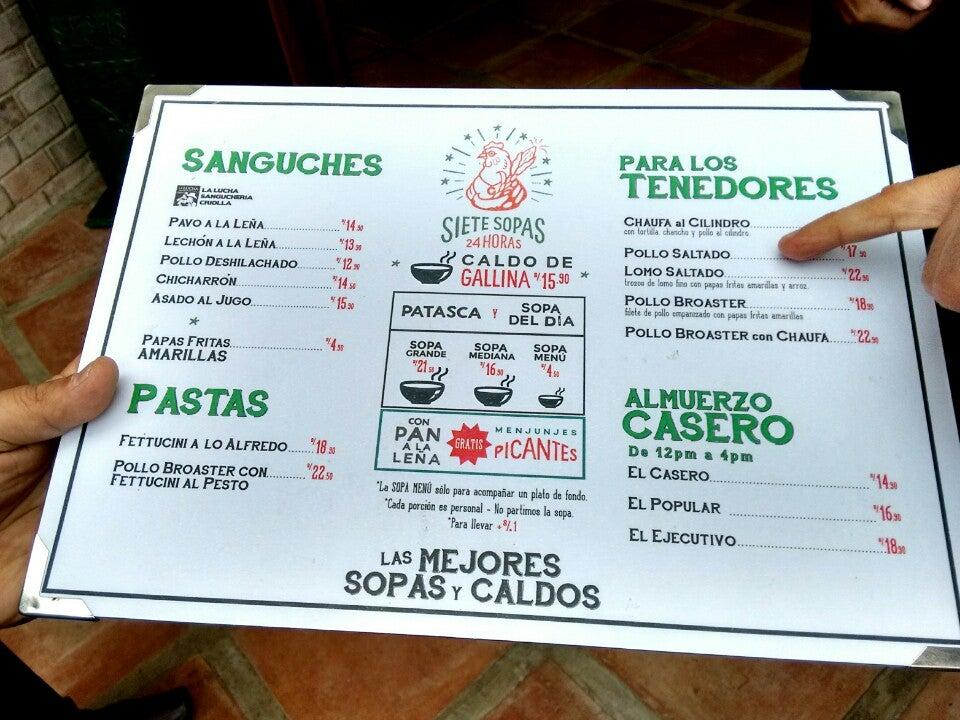 Carta del restaurante Siete Sopas, Lince, Av. Arequipa 2394