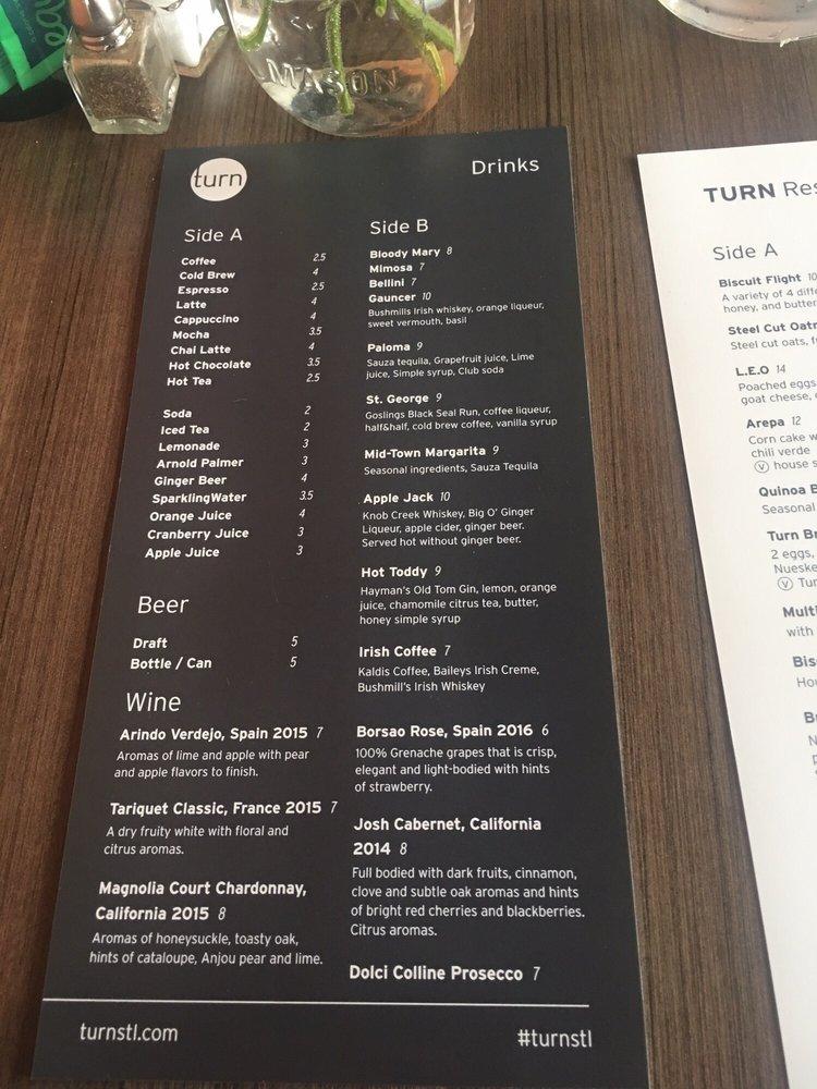Menu at Turn restaurant, St. Louis