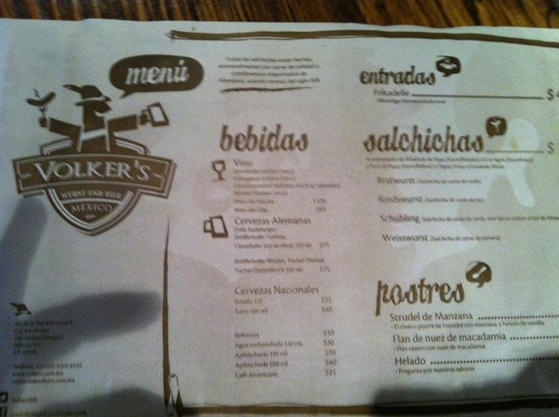 Menu at Volker's Wurst und Bier restaurant, Mexico City
