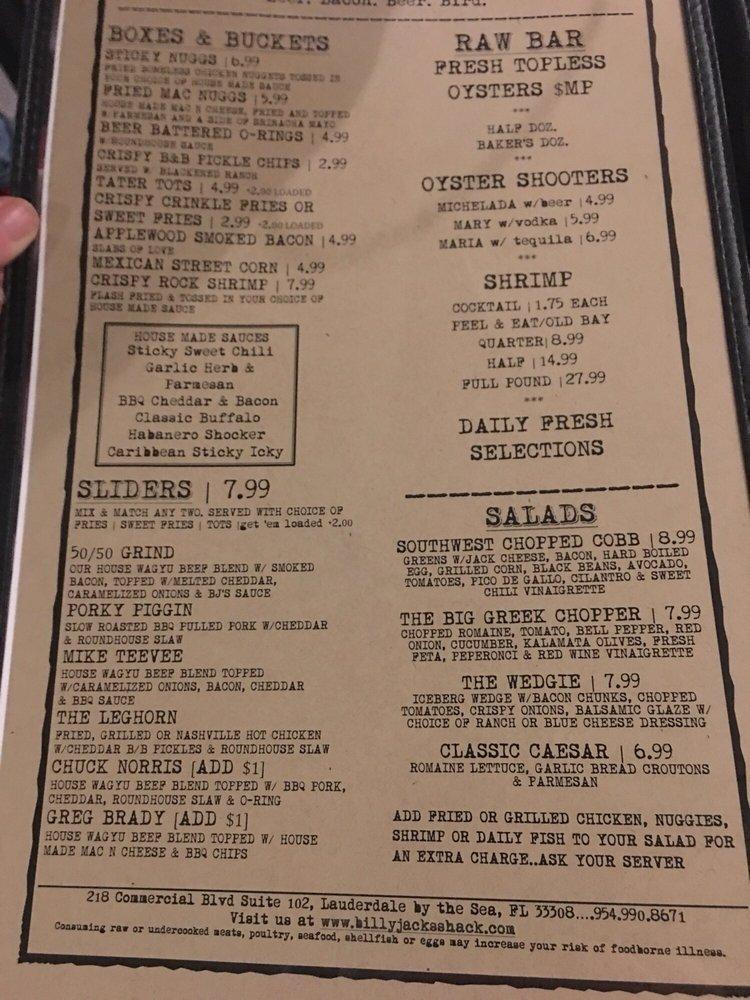 Menu at Billy Jack's Shack restaurant, Lauderdale-by-the-Sea