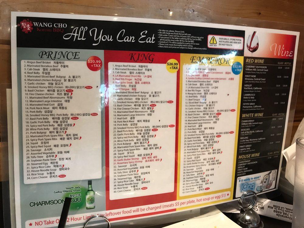 Menu at Wang Cho Korean BBQ, Riverside