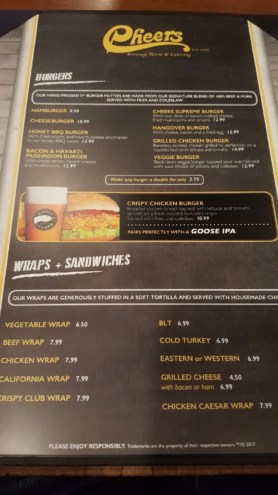 Menu at Cheers Beverage Room & Catering pub & bar, Moncton