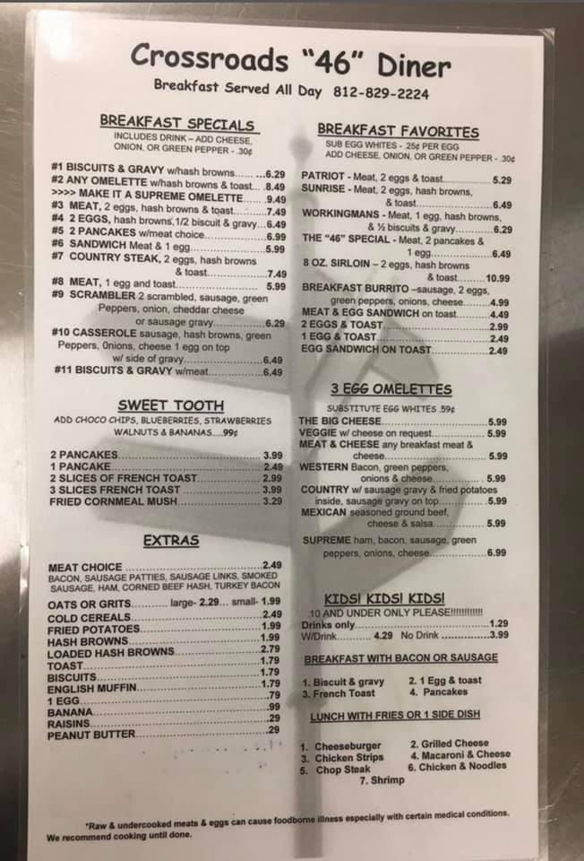 Menu at Crossroads 46 Diner steakhouse, Spencer