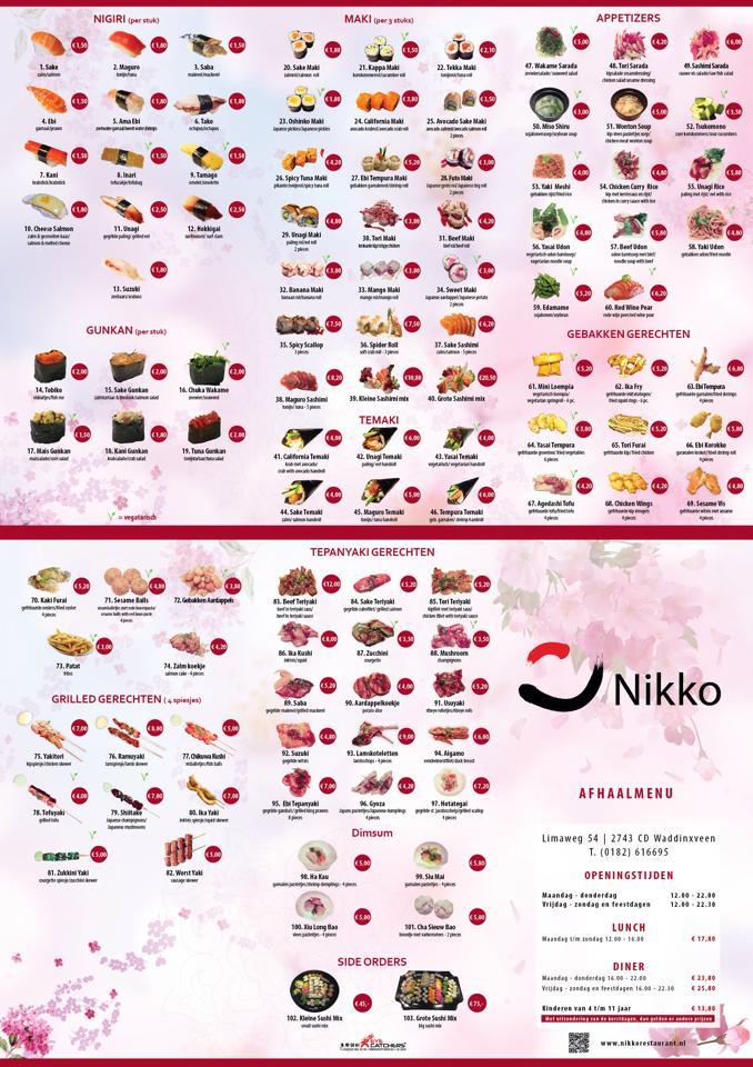 Menu at Japans restaurant Nikko, Waddinxveen