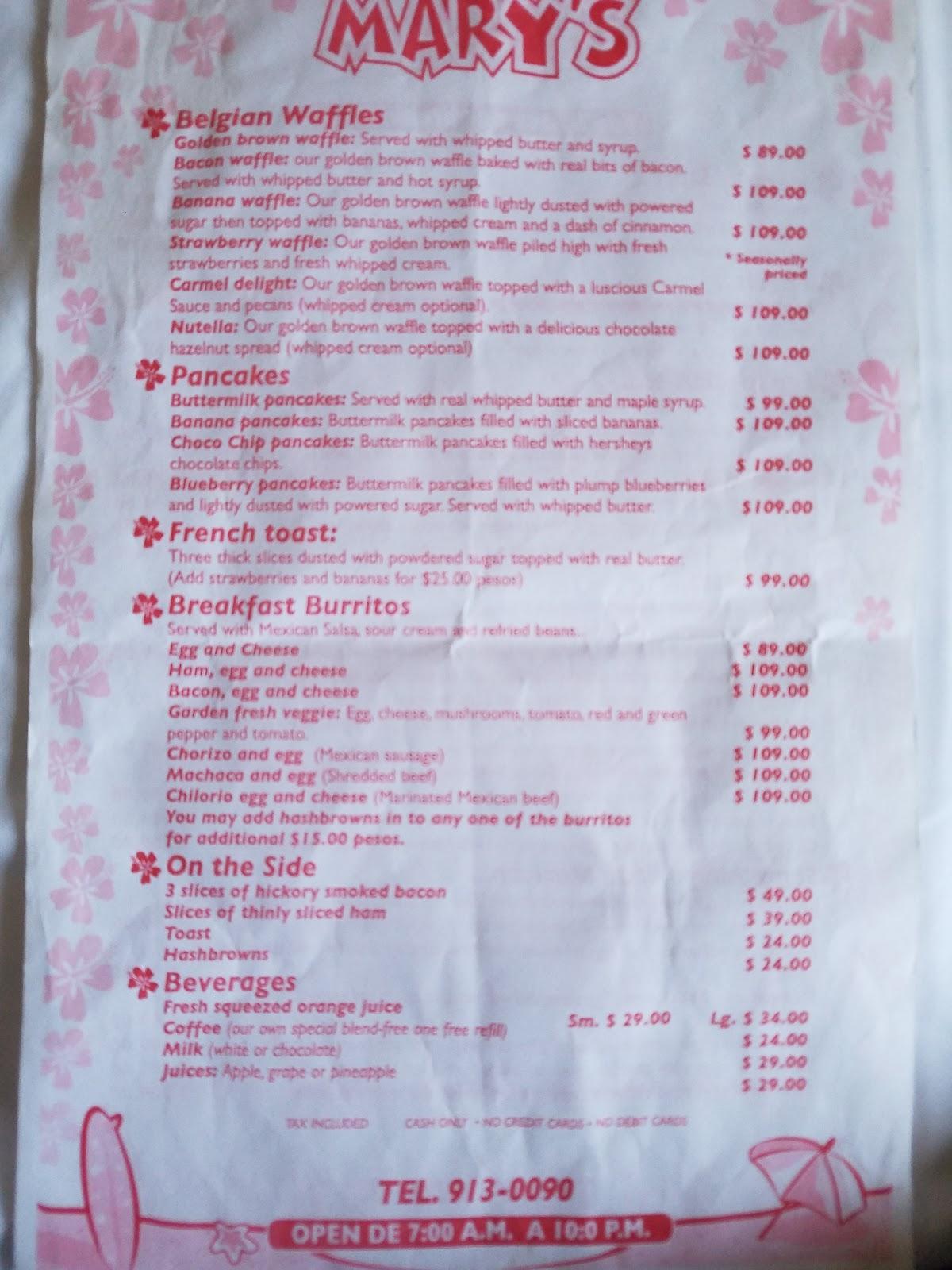Menu at Mary's Burger Shoppe restaurant, Mazatlán