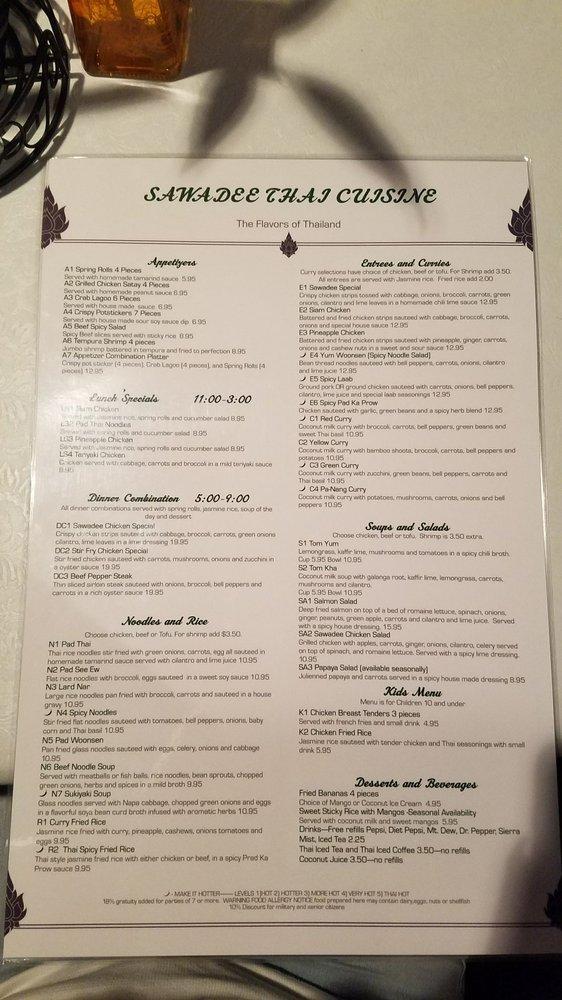 Menu at Sawadee Thai Cuisine restaurant, Hinesville