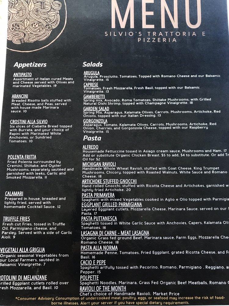 Menu at Silvio's Trattoria e Pizzeria, Canton