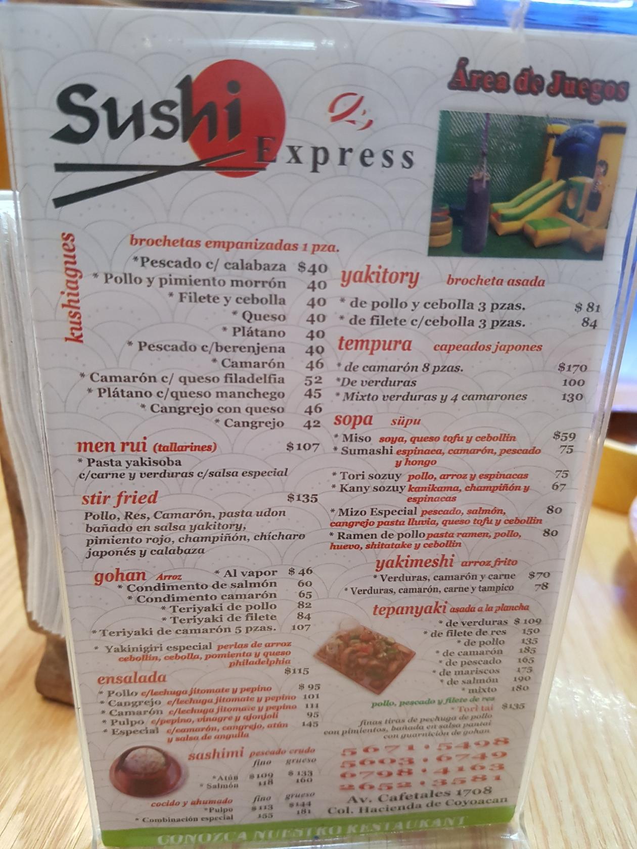 Carta del restaurante Sushi Express, Ciudad del México, Av. Cafetales 1708