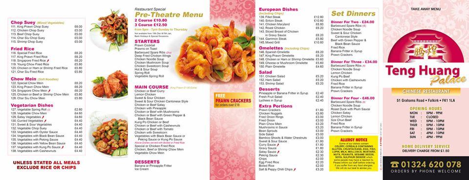 Menu at Teng Huang Palace restaurant, Falkirk