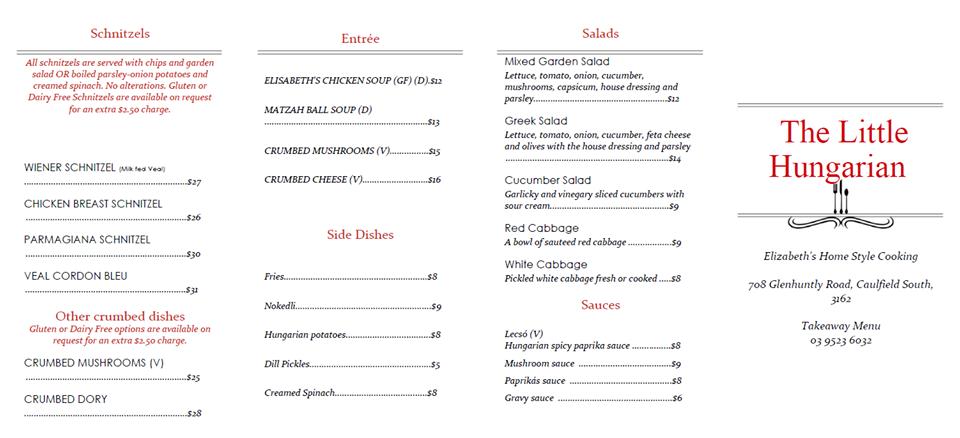 Menu at The Little Hungarian Restaurant, Caulfield South