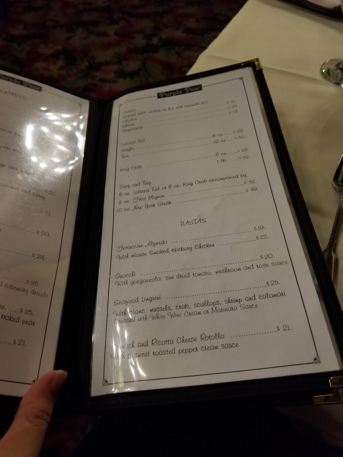 Menu at The Purple Pear steakhouse, Hamilton