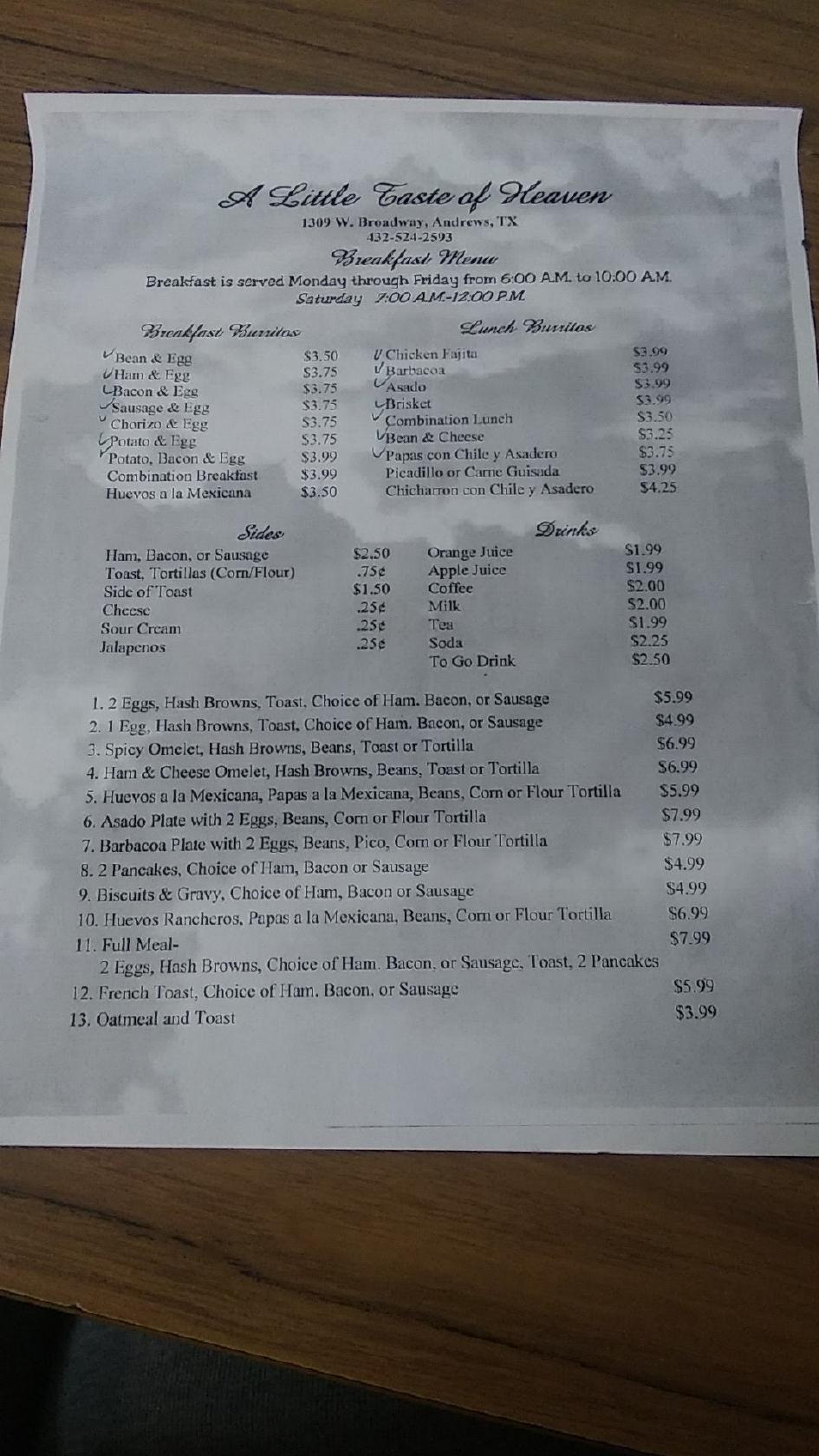 Menu at Little taste of heaven restaurant, Andrews, W Broadway St