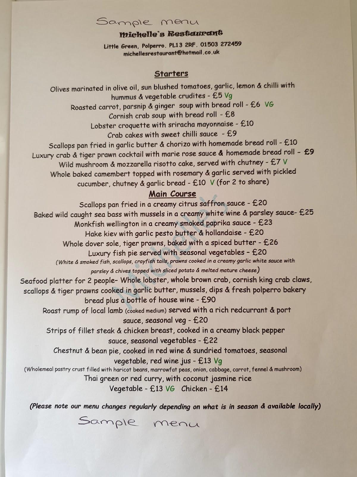 Menu at Michelle's Restaurant, Polperro