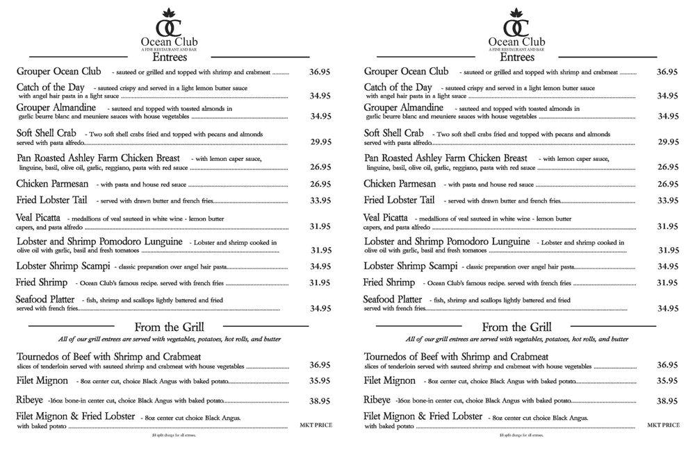 Menu at Ocean Club Restaurant, Miramar Beach, US-98 W 107