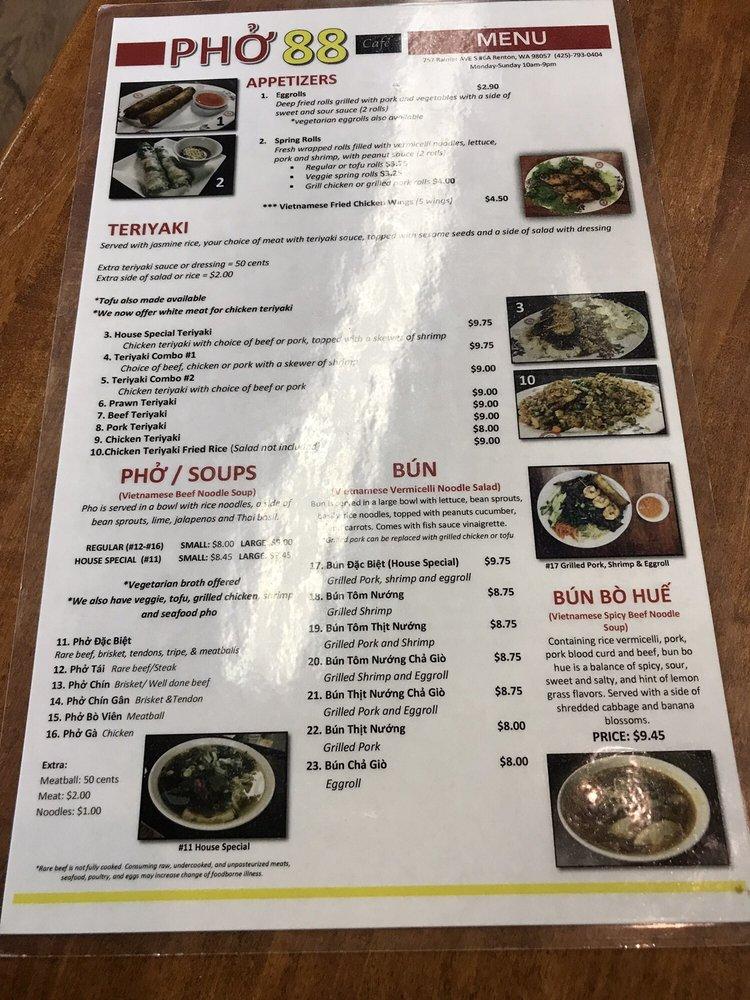 Menu at Pho 88 Cafe, Renton