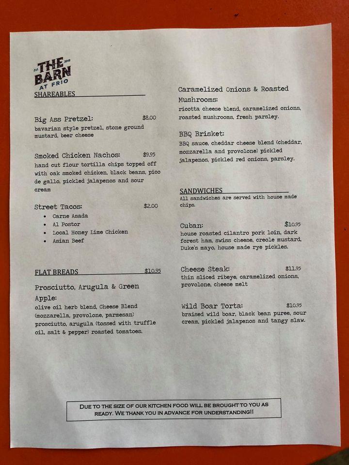Menu at The Barn, Cypress, Mueschke Rd