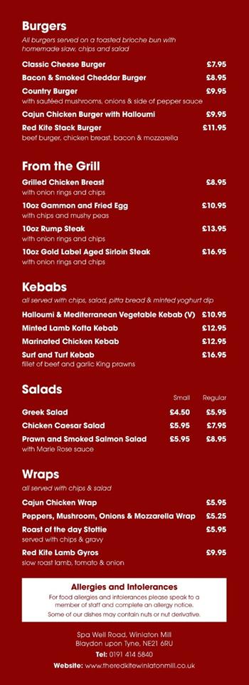 Menu at The Red Kite restaurant, Blaydon