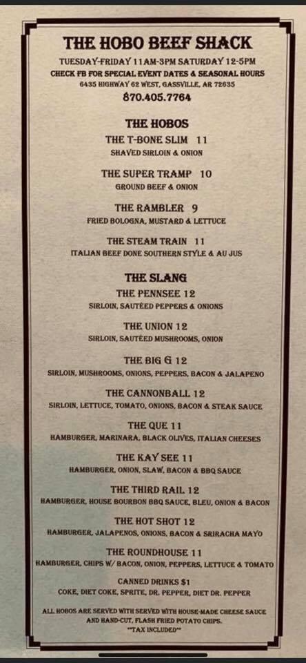 Menu at Hobo Beef Shack, Gassville